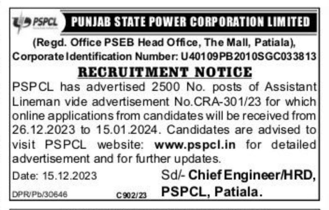 PSPCL Assistant Notification 2024 Out, Apply Online